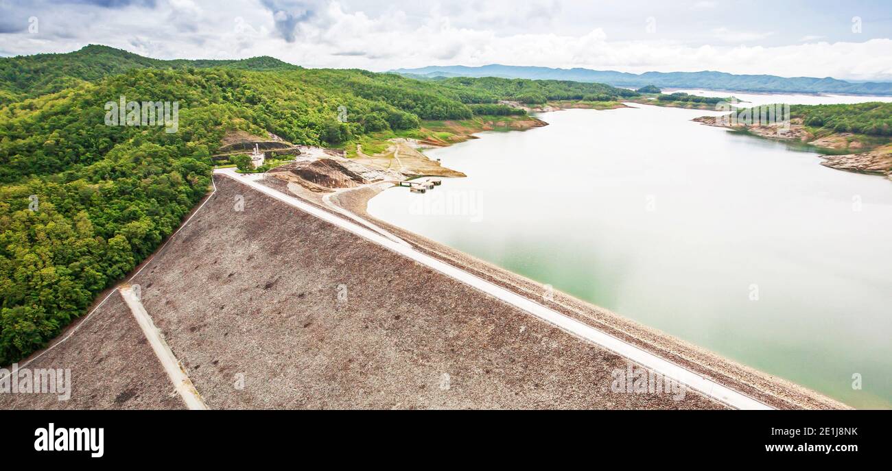 Aerial view of the Dam on Nan River on summer morning, cloudy covered ...