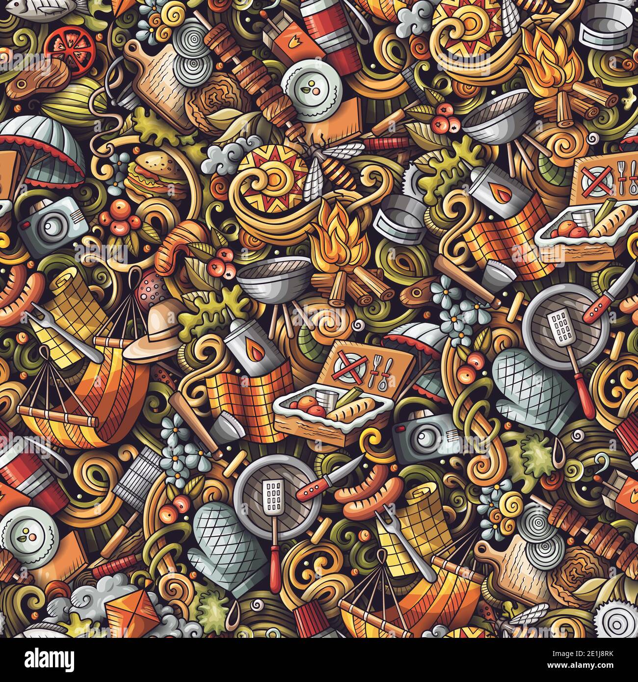 Picnic hand drawn doodles seamless pattern. BBQ background Stock Photo ...