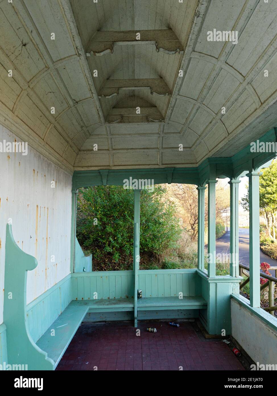 Interior of seaside shelter at Scarborough with empty cider and beer ...