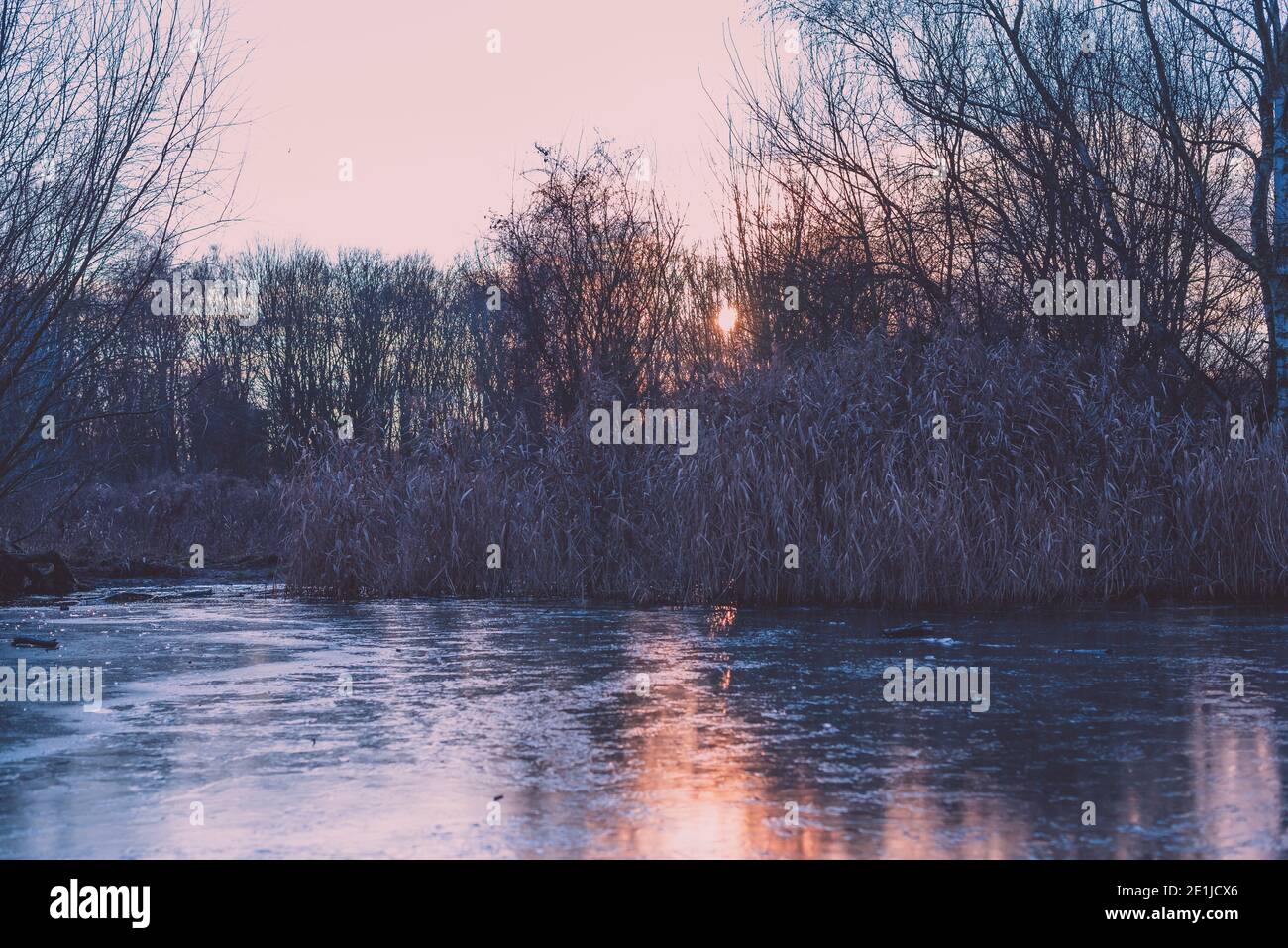 A large frozen pond, a small frozen lake, sunset, ice Stock Photo - Alamy