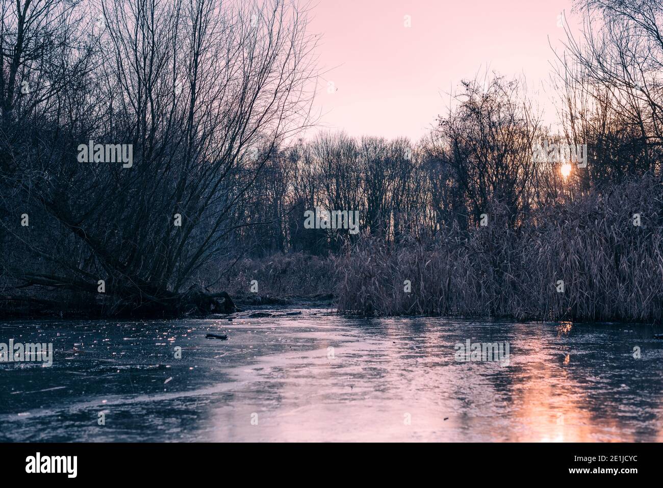 A large frozen pond, a small frozen lake, sunset, ice Stock Photo - Alamy