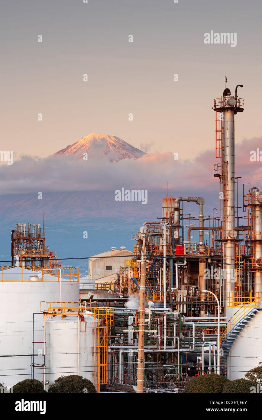 Mt. Fuji, Japan as viewed from behind factories at dusk Stock Photo - Alamy