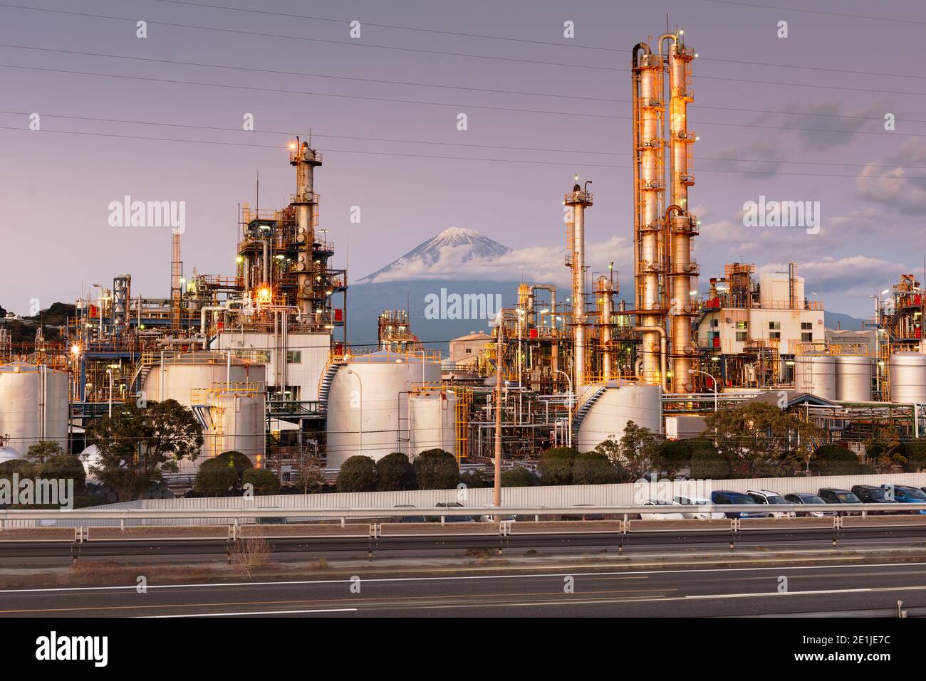 Mt. Fuji, Japan as viewed from behind factories at dusk Stock Photo - Alamy