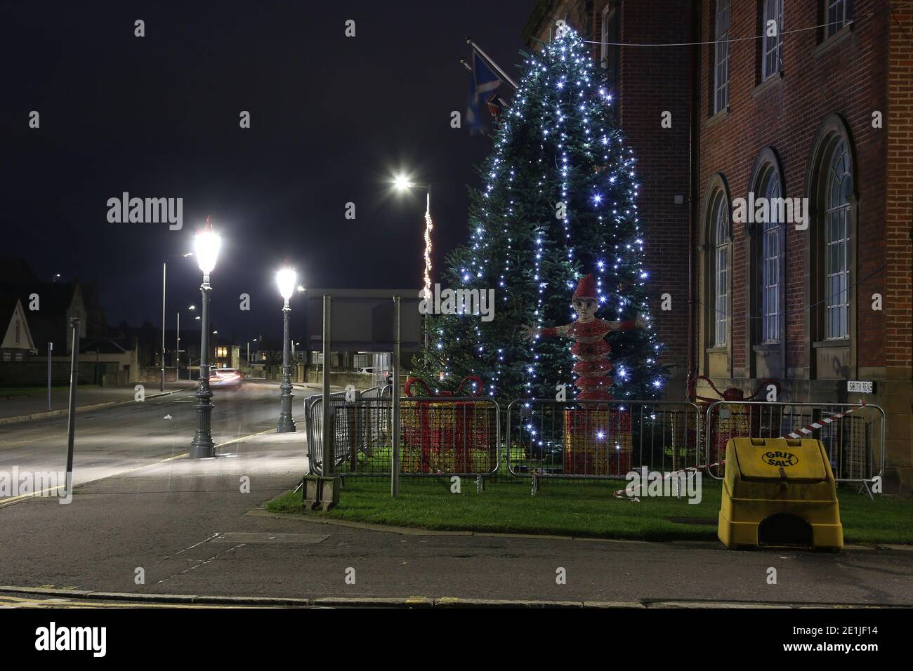 Troon, Ayrshire, Scotland, UK. Christmas lights and tree & a Jack in ...