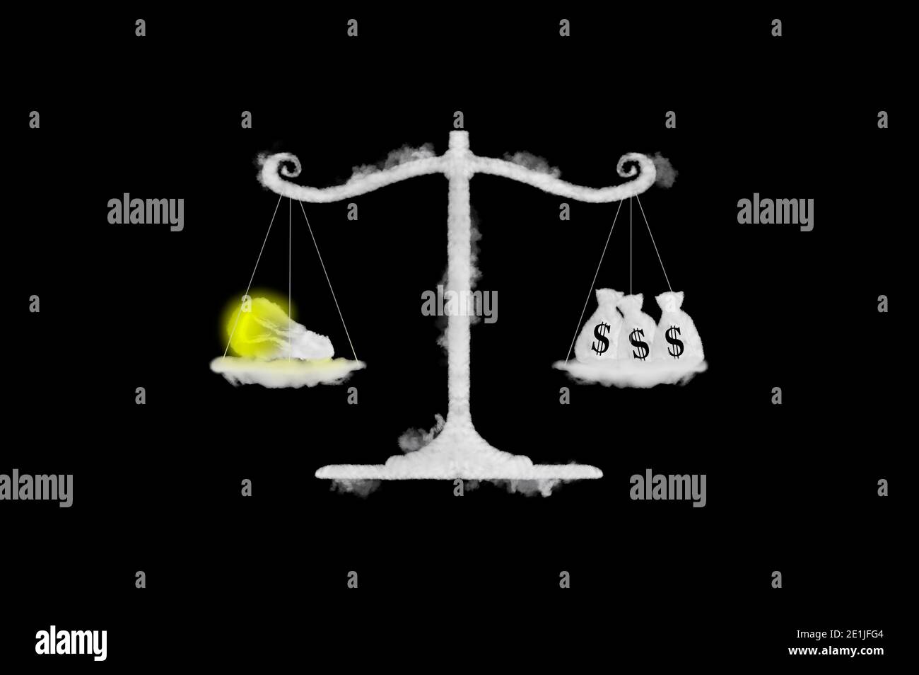 Cloud shape of light bulb idea and money on balance scale, black ...