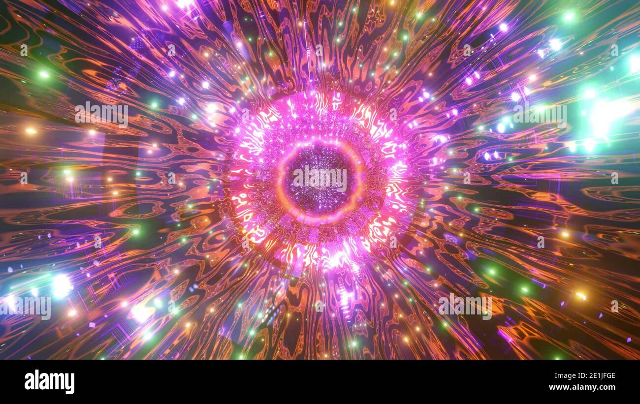 Orange green pink science fiction corridor tunnel 3d illustration ...