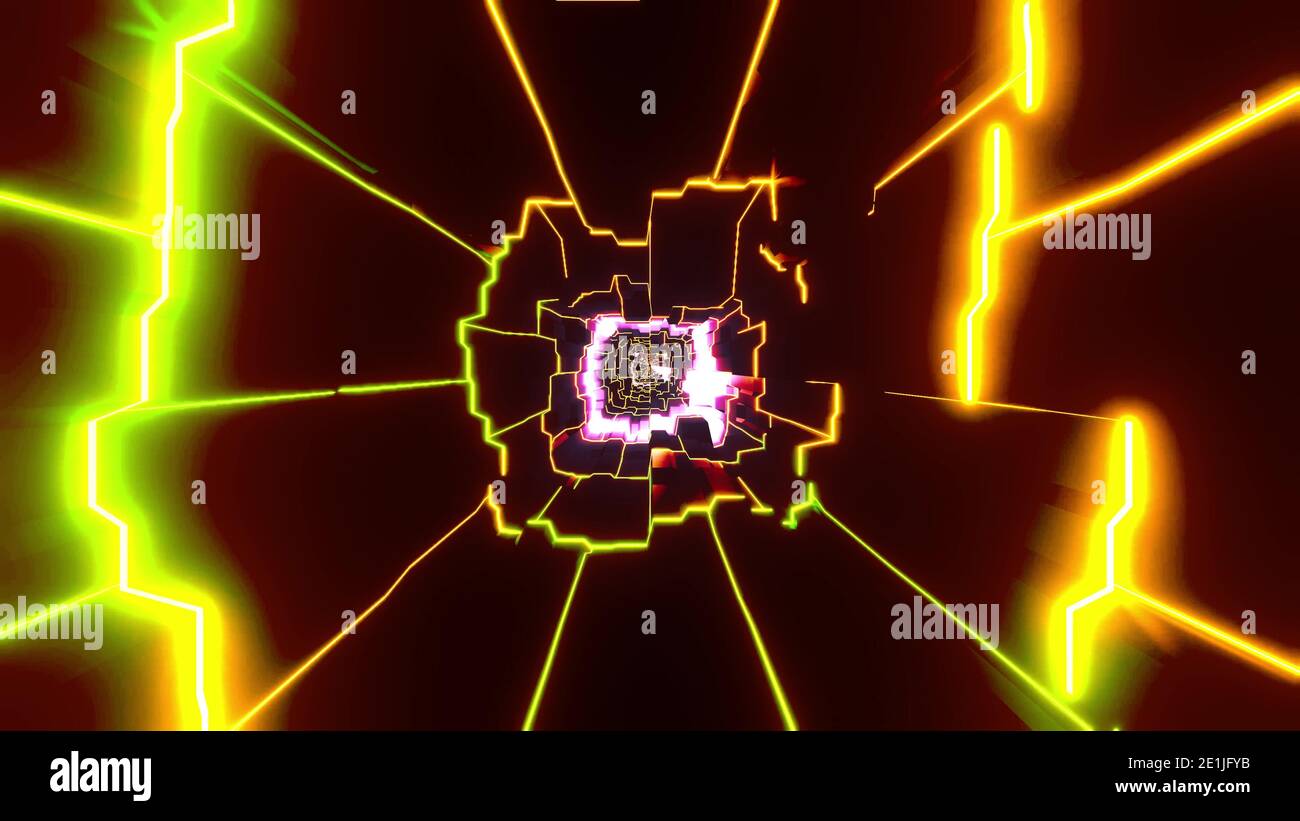 Black sci-fi tunnel with glowing wireframe 3d illustration artwork ...