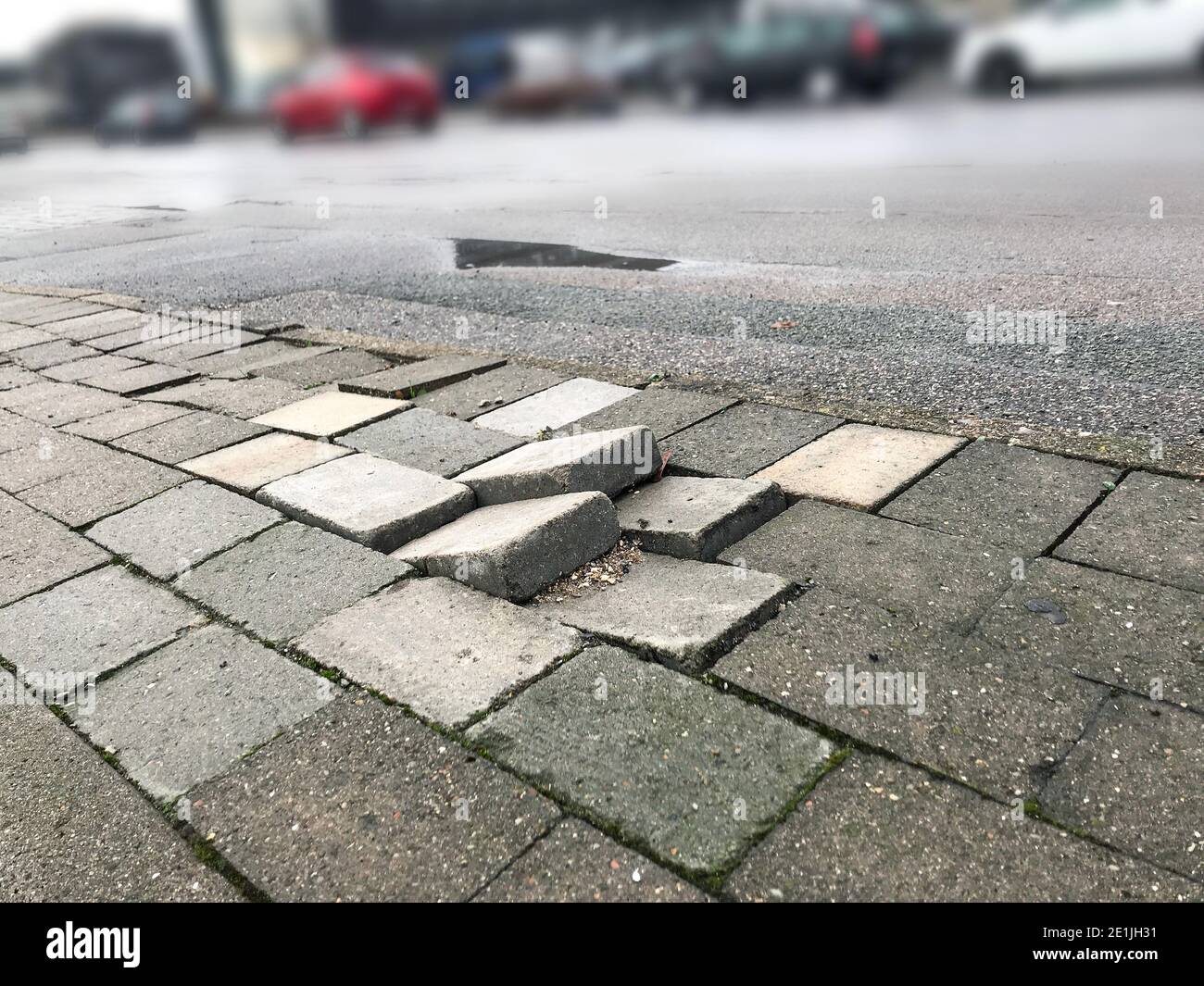 Sidewalk pavement tiles for pedestrians are uneven due to lack of ...