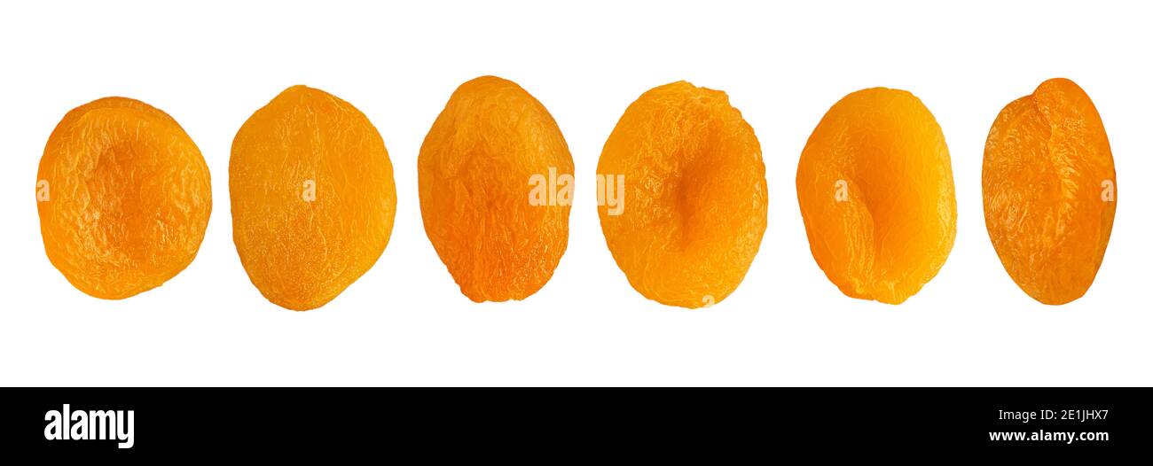 Isolated set. Six dried apricots fruit on white background with ...