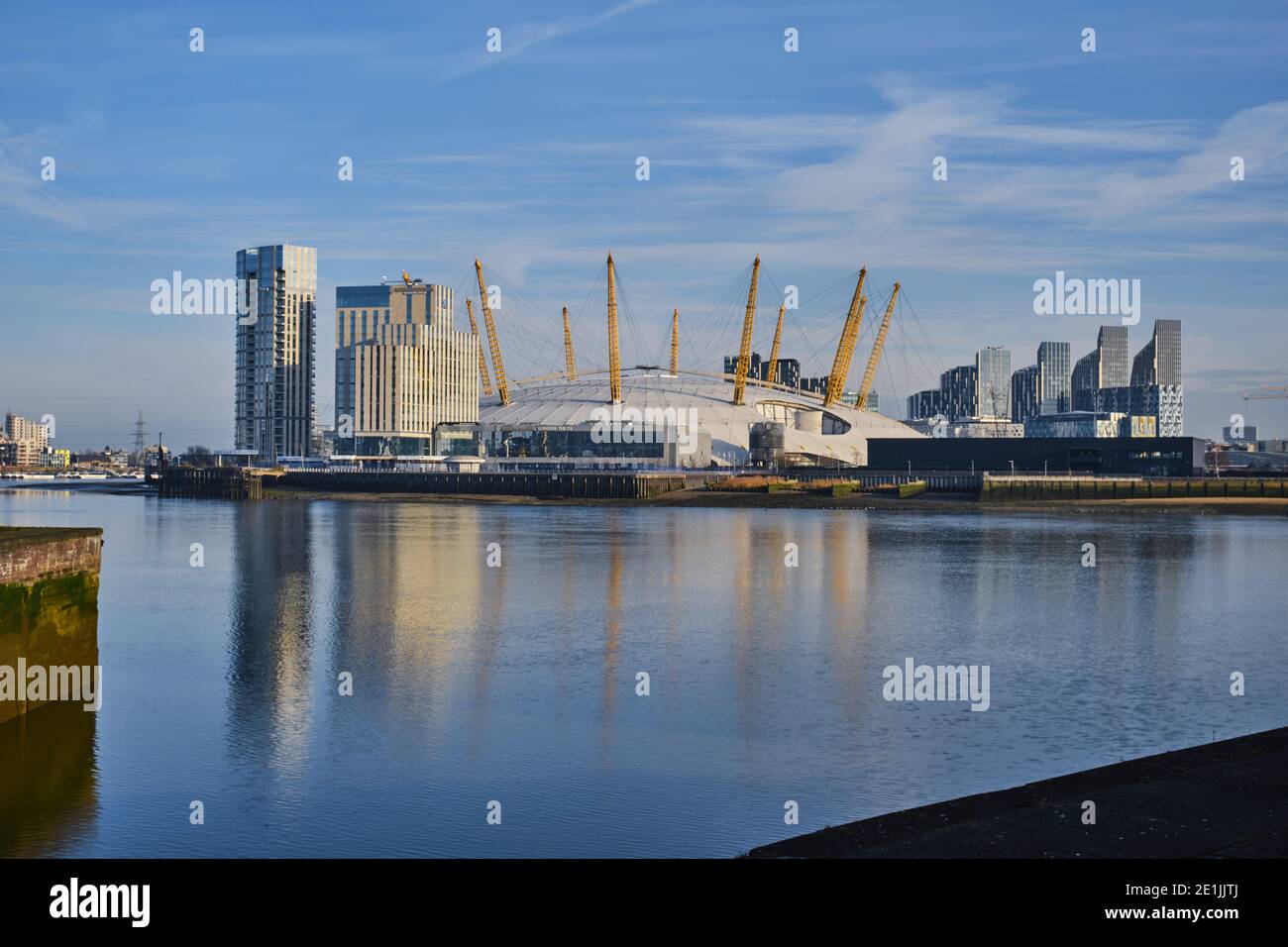 London's O2 Arena and a extremely still, calm River Thames in winter ...