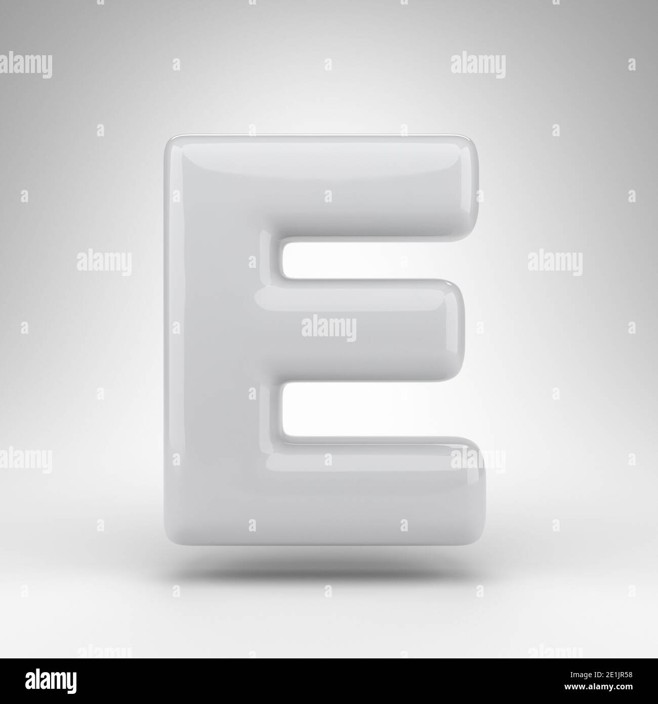 Letter E uppercase on white background. White plastic 3D rendered font ...