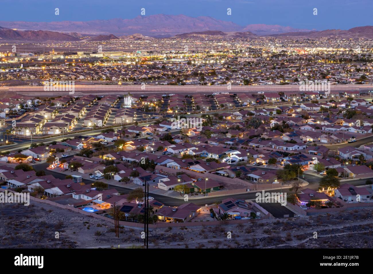 Sunset high angle time view of the Henderson cityscape at Nevada Stock ...