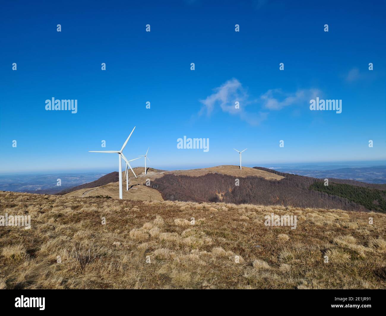 Renewable energy from wind power generators on the high mountain Stock ...