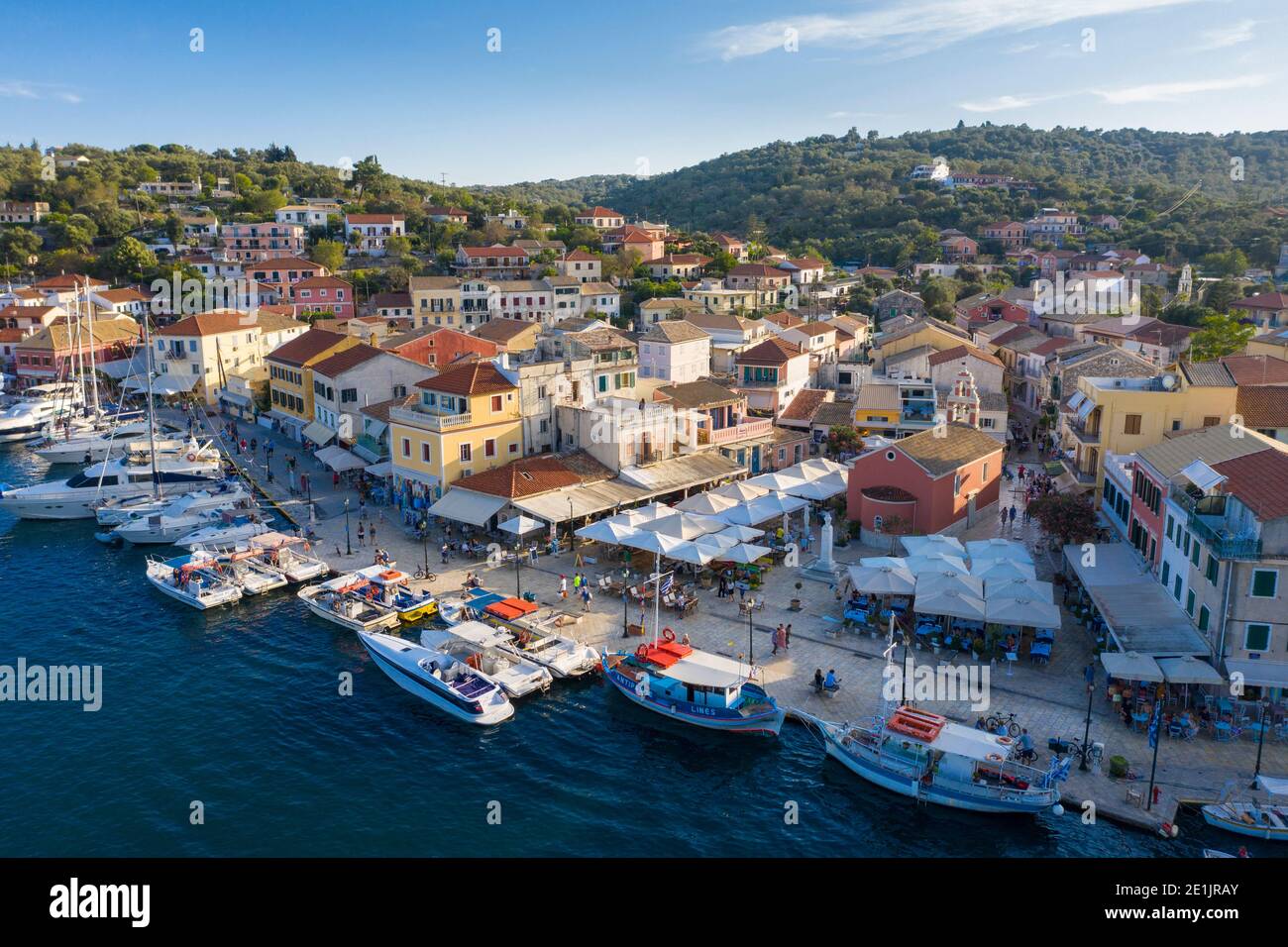 Aerial view of the main square in Gaios - the main town on the island ...