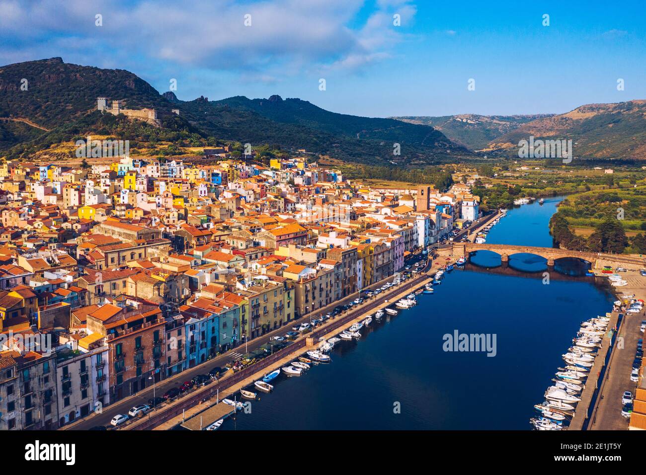 Aerial view of the beautiful village of Bosa with colored houses and a ...