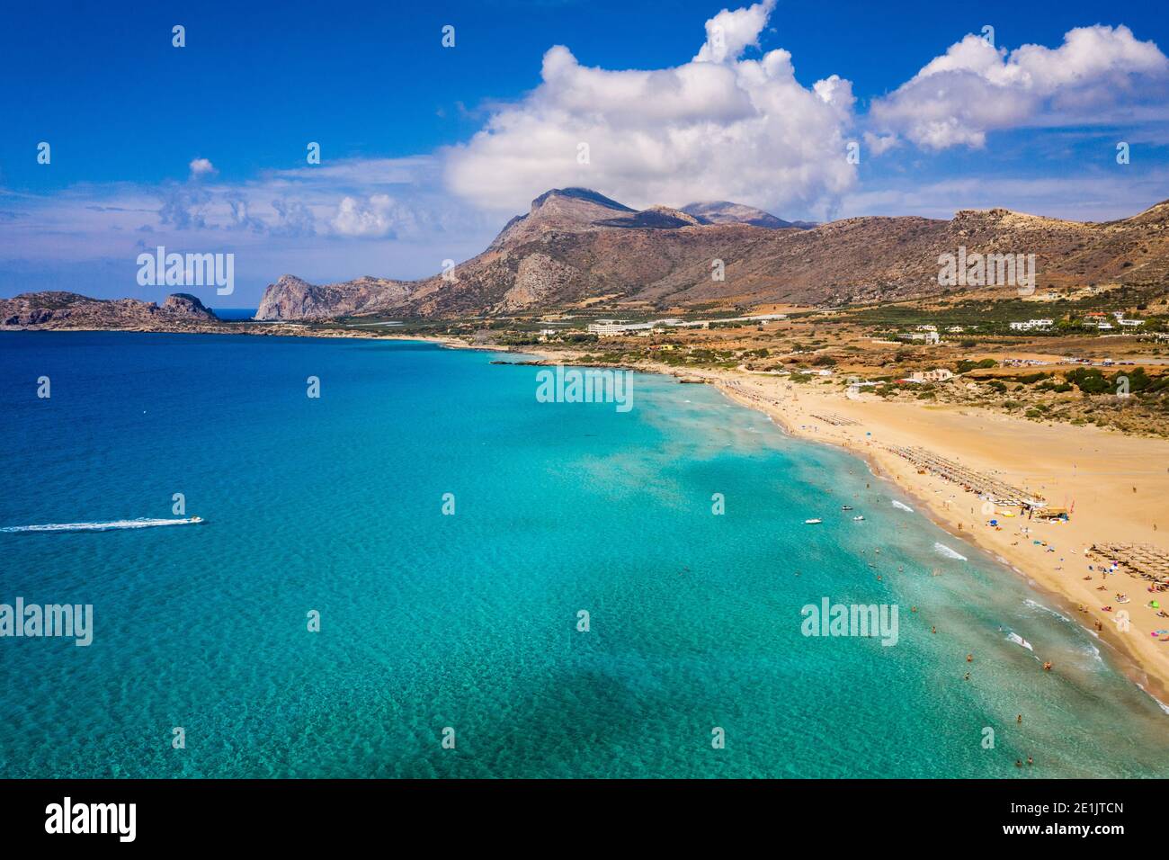 Aerial shot of beautiful turquoise beach Falasarna (Falassarna) in ...