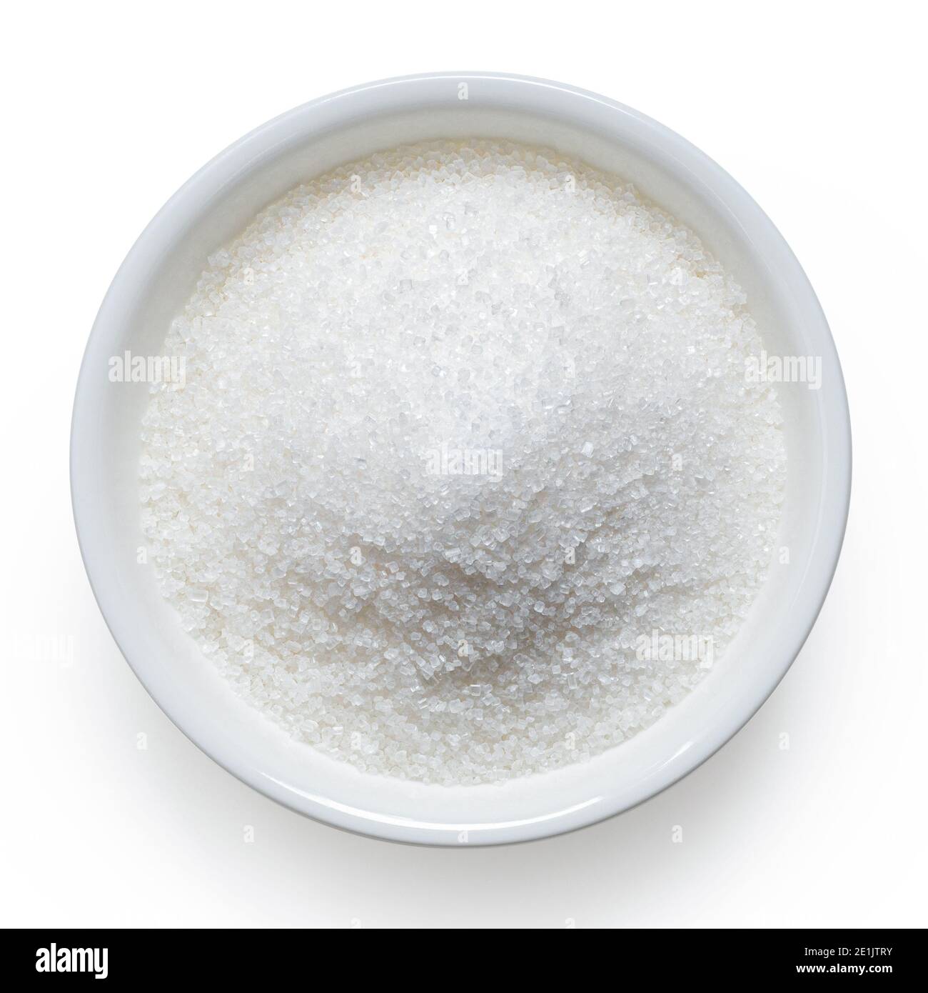 Refined granulated sugar in white ceramic bowl isolated on white. Top ...