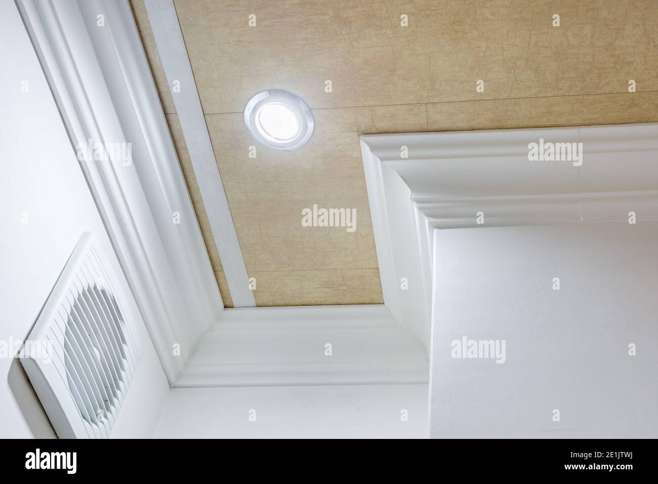 Detail of corner ceiling with intricate crown molding. Suspended ...