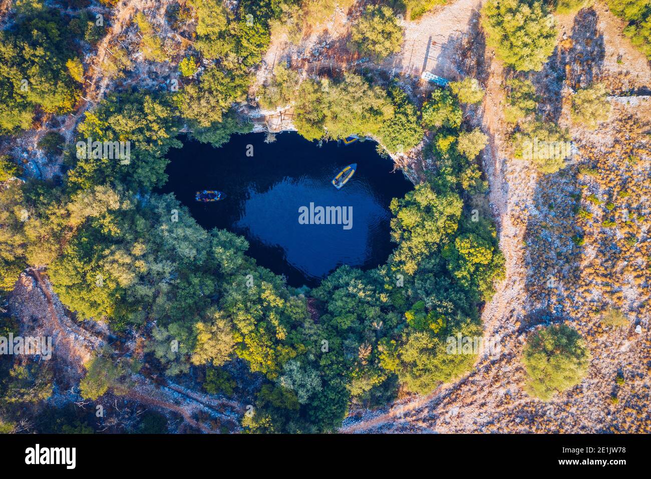 Famous Melissani lake on Kefalonia island, Karavomylos, Greece. On top ...