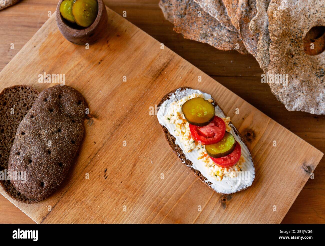 open Sandwich with creame cheese. Top view, flat lay. Copy space ...