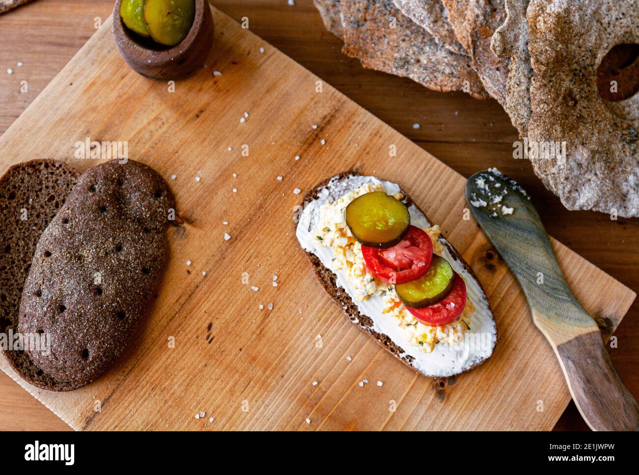 open Sandwich with creame cheese. Top view, flat lay. Copy space ...