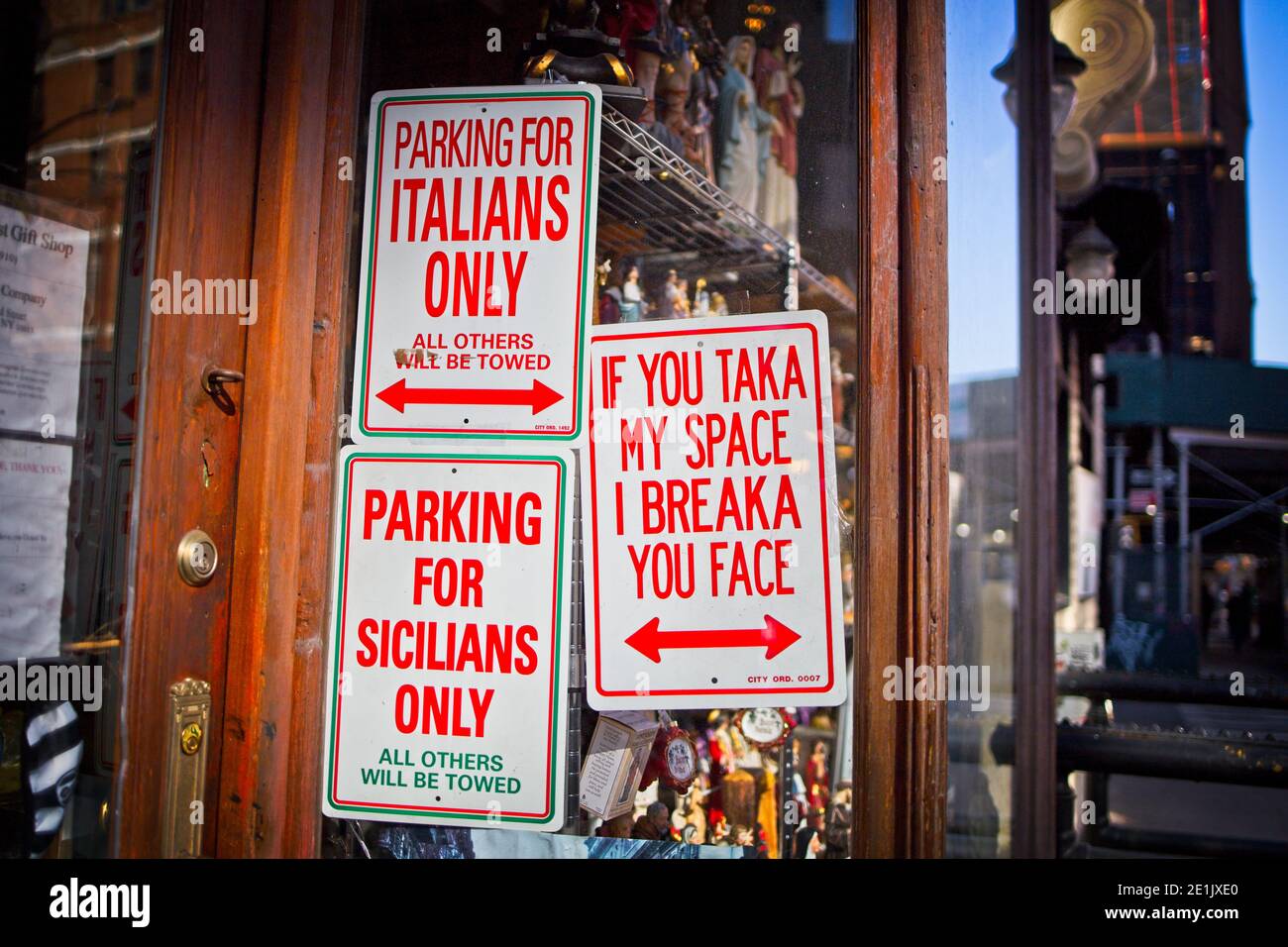 New York, NY, USA - Jan 7, 2021: Humorous signs with an Italian theme ...