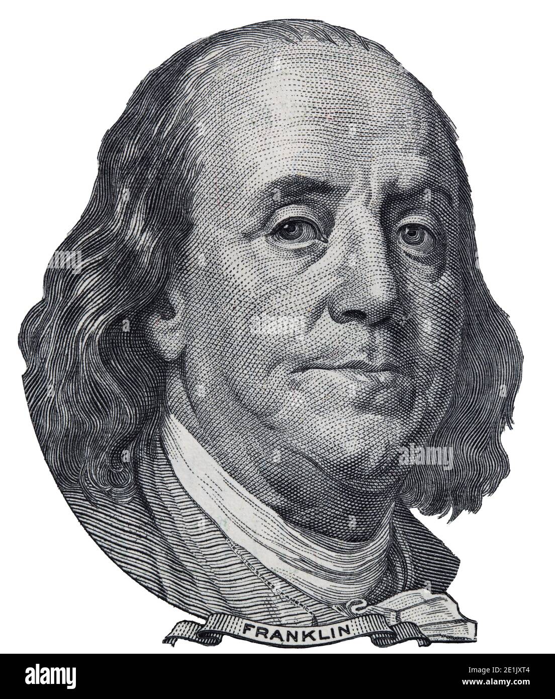 Benjamin Franklin cut on old 100 dollars banknote isolated on white ...
