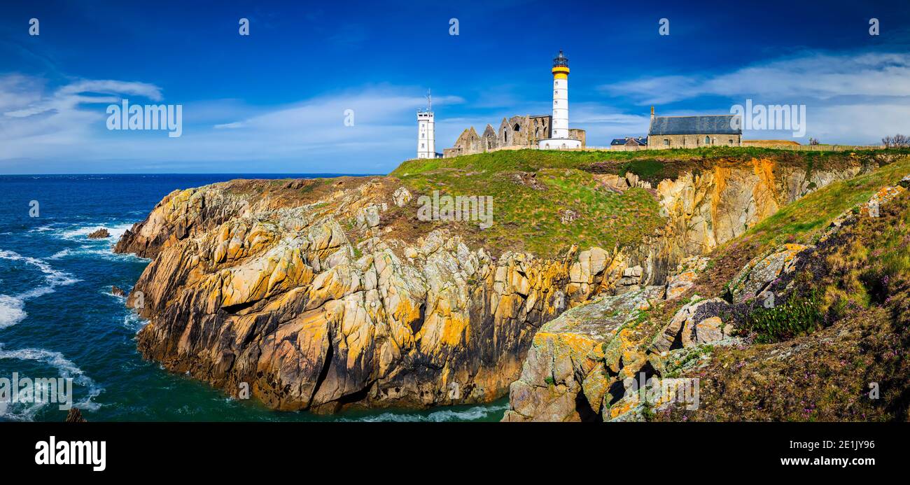 Panorama of lighthouse and ruin of monastery, Pointe de Saint Mathieu ...