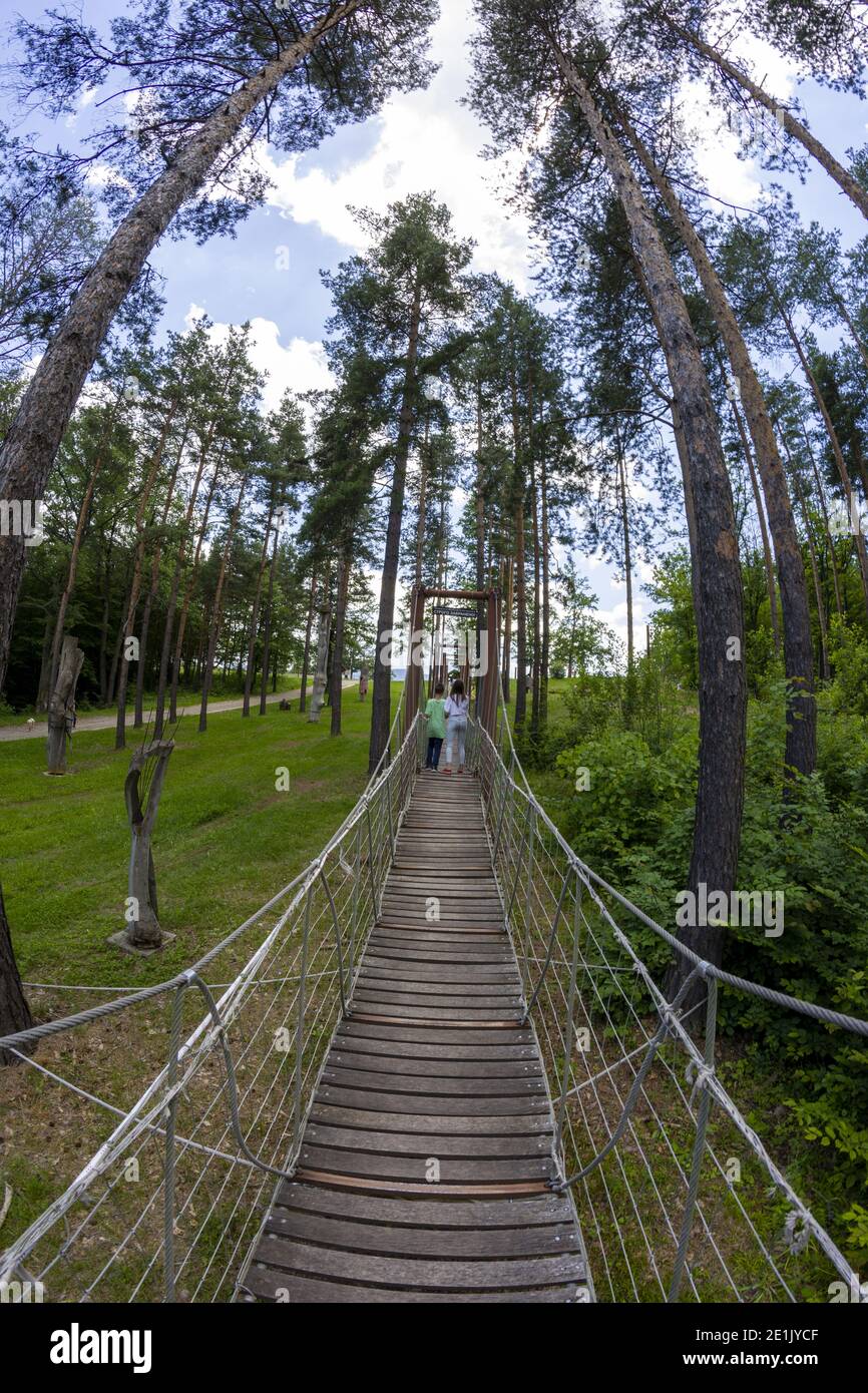Close-up to rope bridge at Ancient fortress "Tsari Mali Grad", near by ...