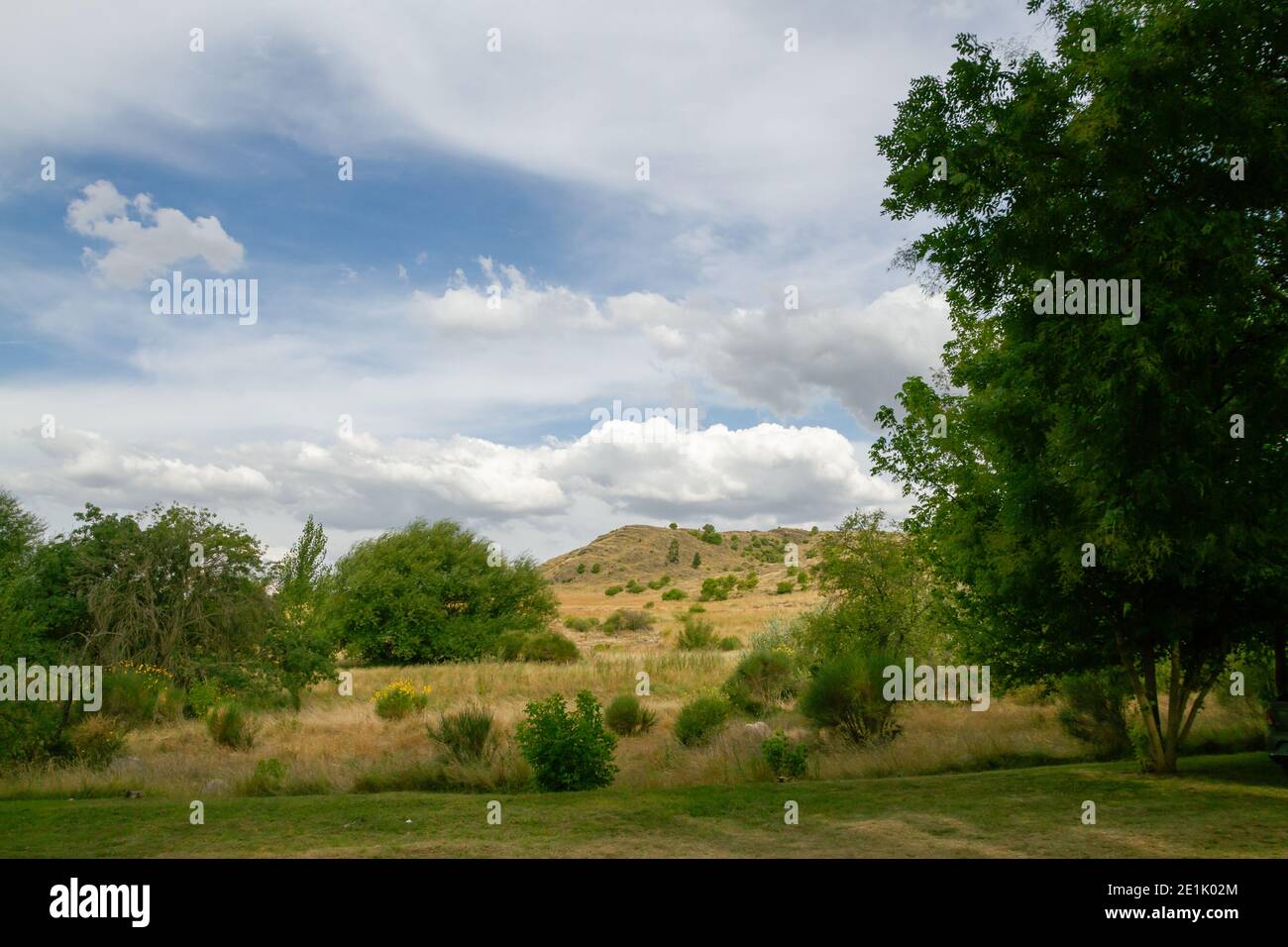 Beautiful landscape of low mountain ranges seen from the prairie during ...