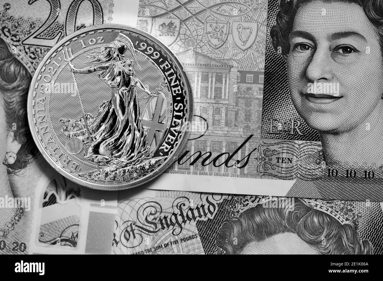 2021 Britannia One Ounce Silver Coin on the new polymer banknotes Stock ...