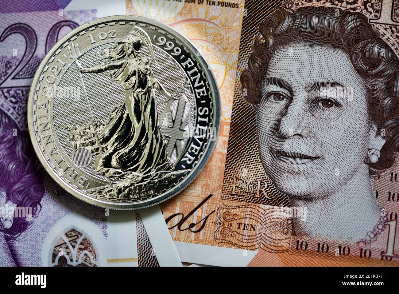 2021 Britannia One Ounce Silver Coin on the new polymer banknotes Stock ...