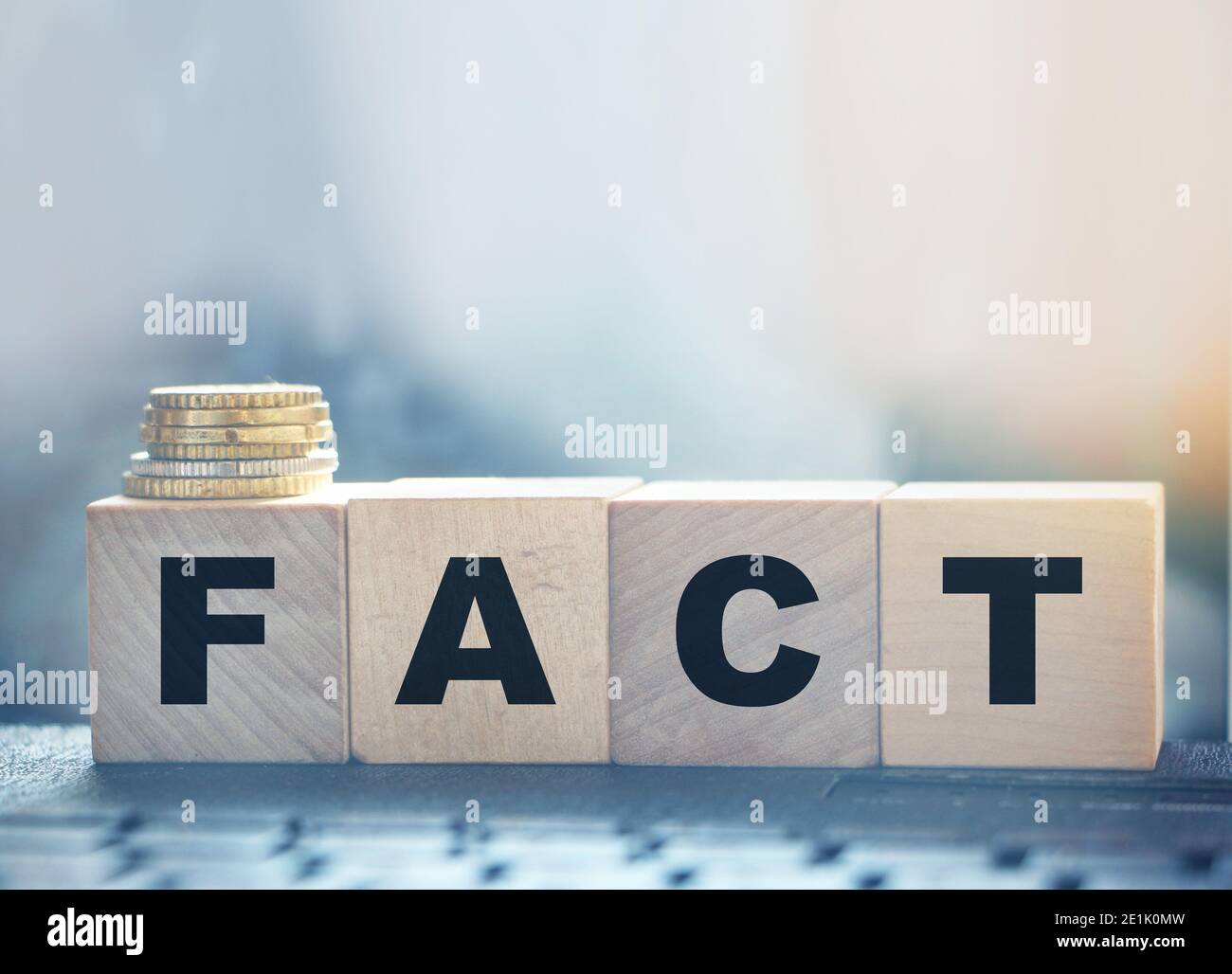 FACT Word Written In Wooden Cubes on computer keyboard and coins Stock ...