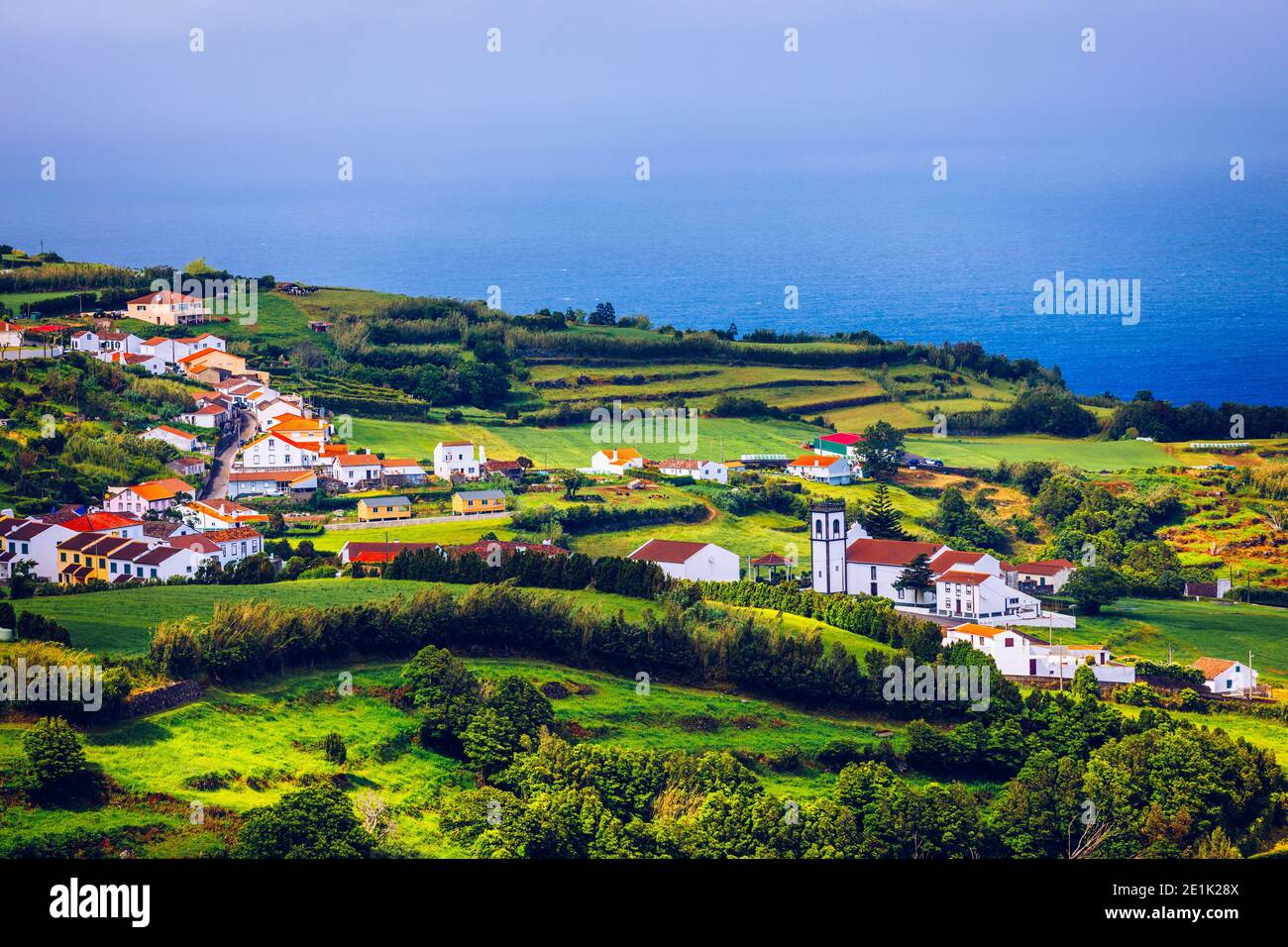 Beautiful nature view on Azores with small villages, tows, green nature ...