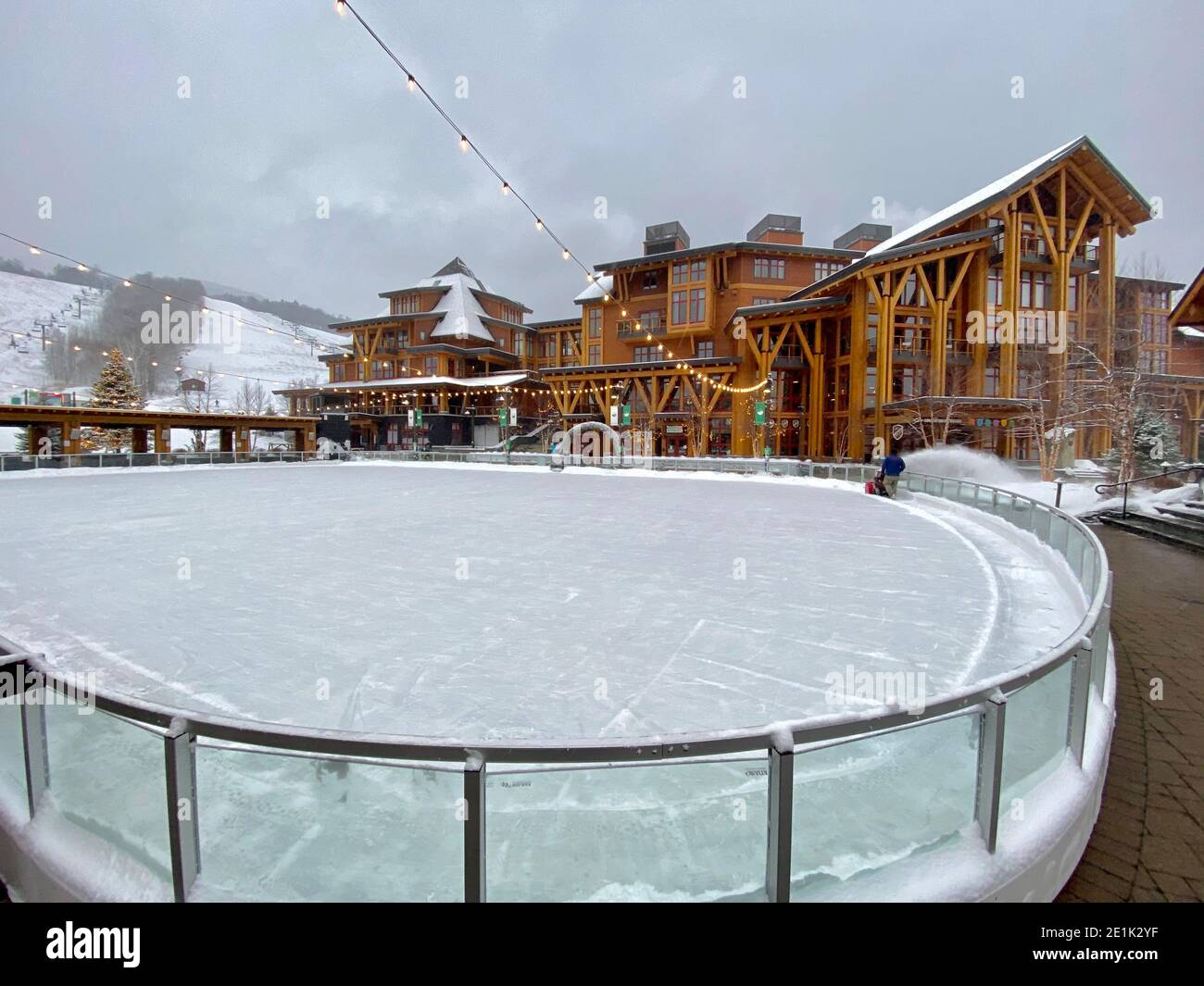 Ice skating rink at Stowe Mountain resort Spruce peak village, early ...