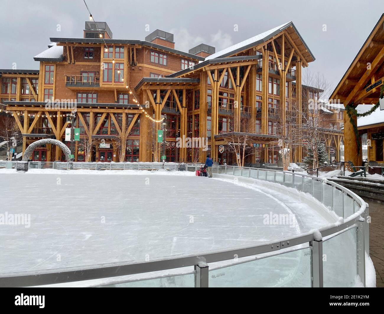 Ice skating rink at Stowe Mountain resort Spruce peak village, early ...