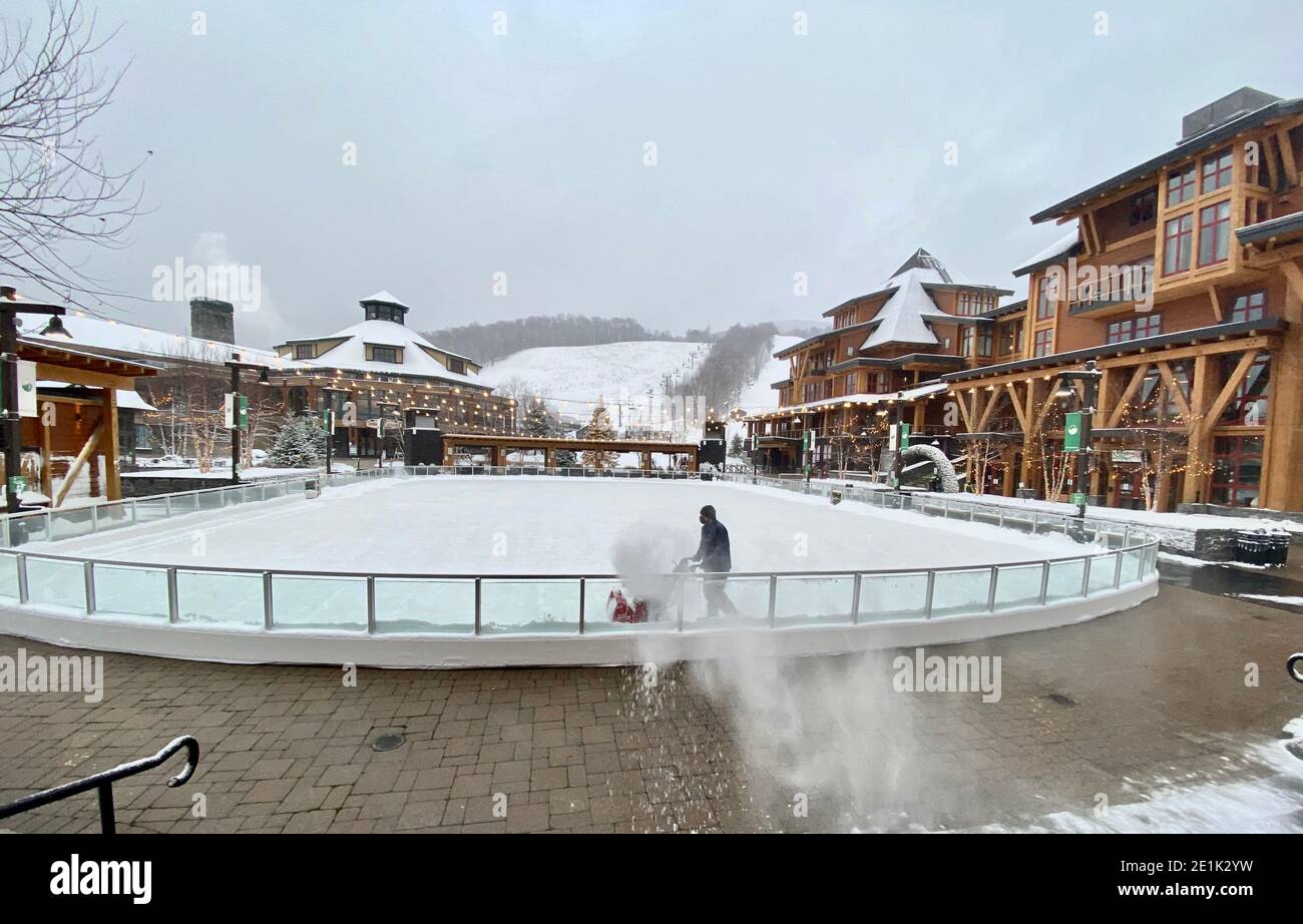 Ice skating rink at Stowe Mountain resort Spruce peak village, early ...