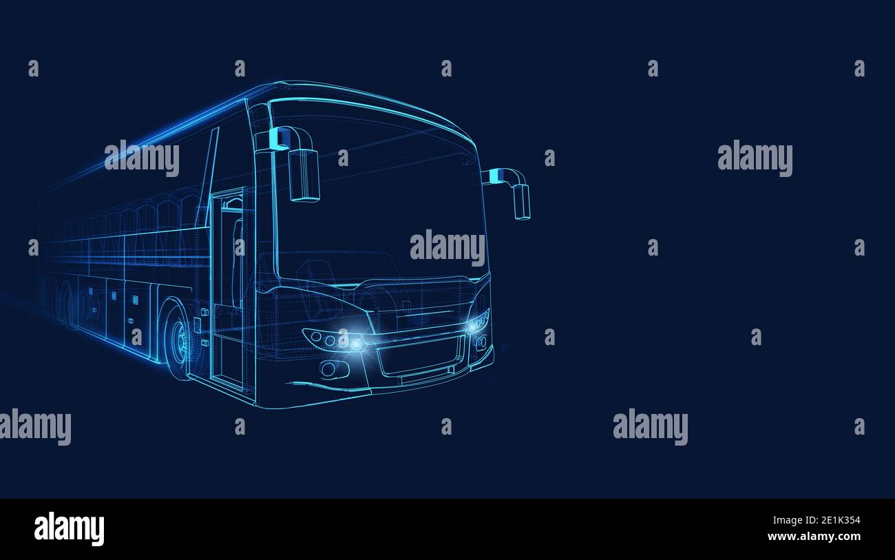 Wireframe of grand tour bus moving fast on a dark blue background Stock ...