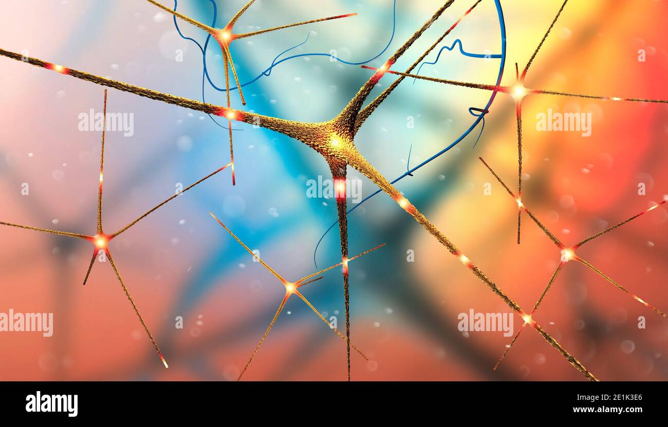 Microscopic view of the synapses. Brain connections. Neurons and ...