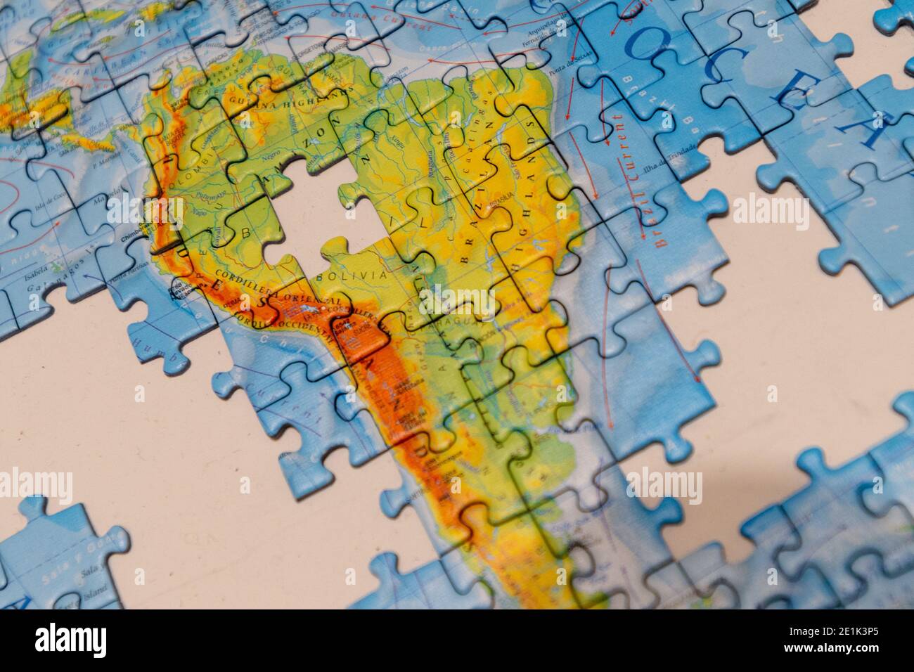 Puzzle of map of the South America. Touristic background Stock Photo ...