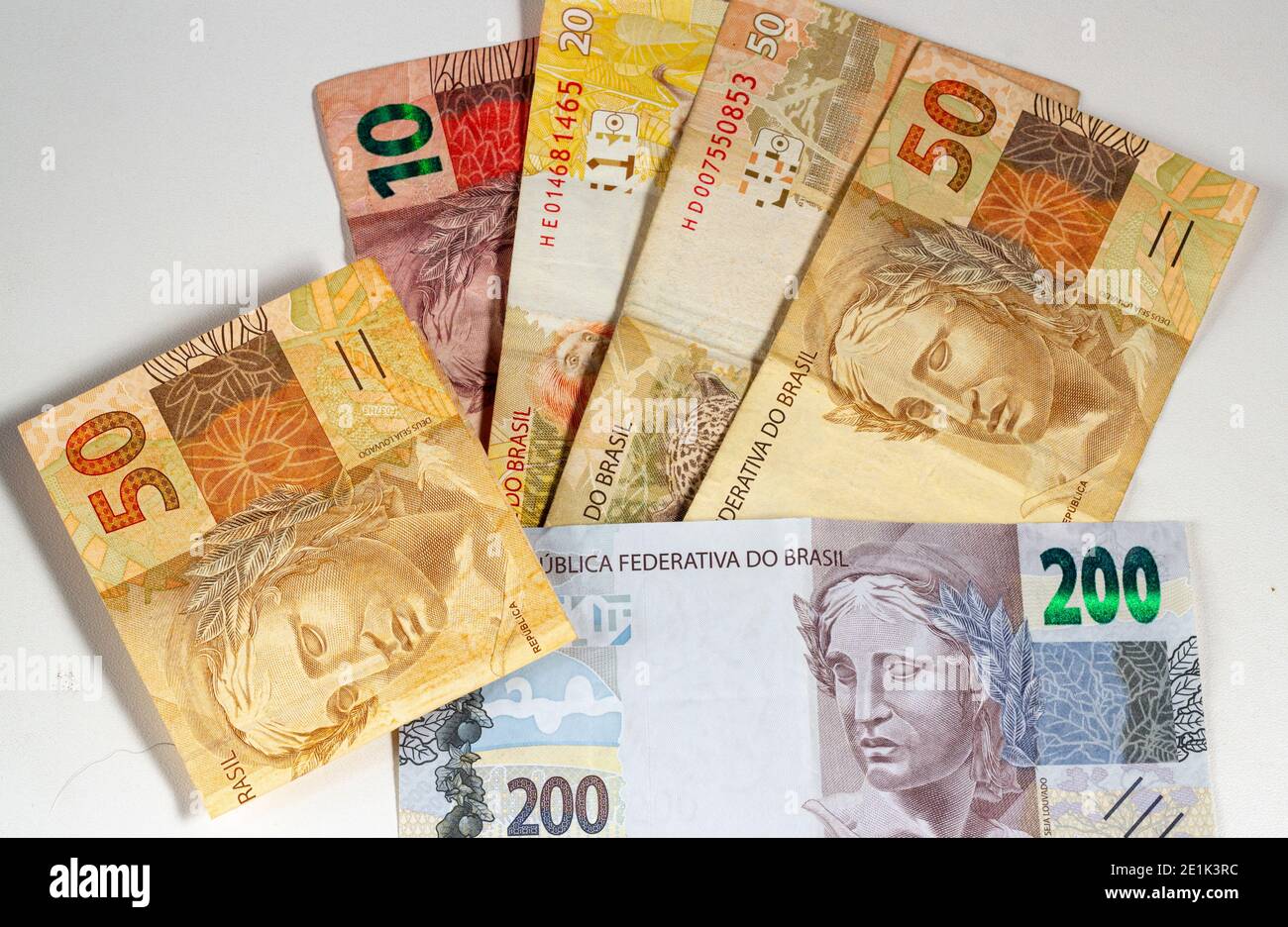 Brazilian money bill. Two hundred bill, ten, twenty, and fifty real ...