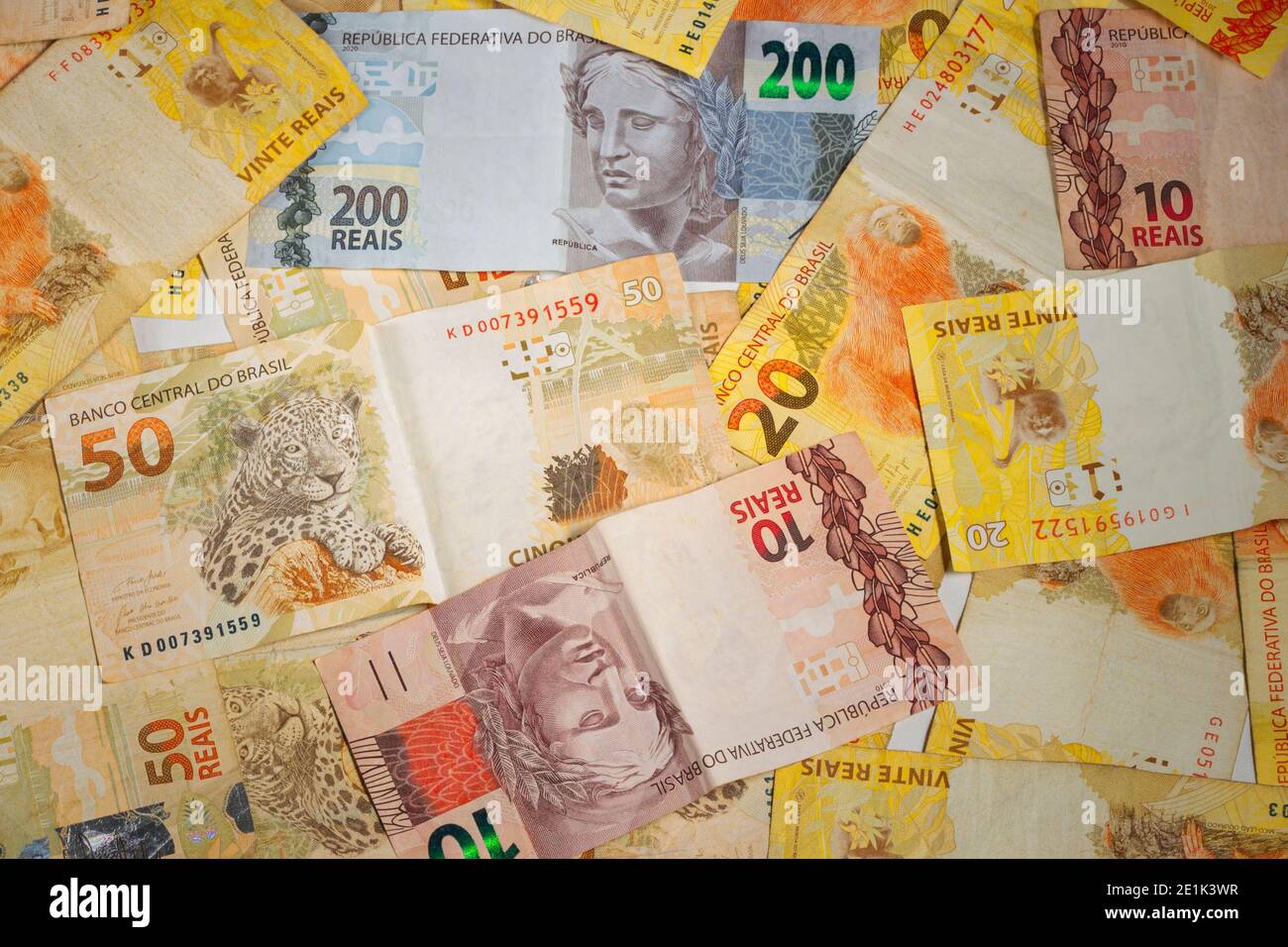 Brazilian money bill. Two hundred bill, ten, twenty, and fifty real ...