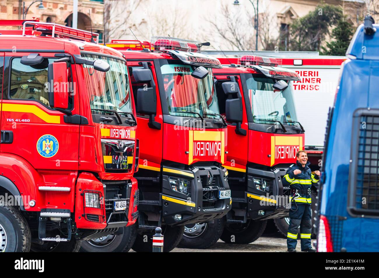 Romanian Firefighting emergency firemen (Pompierii) parked in front of ...
