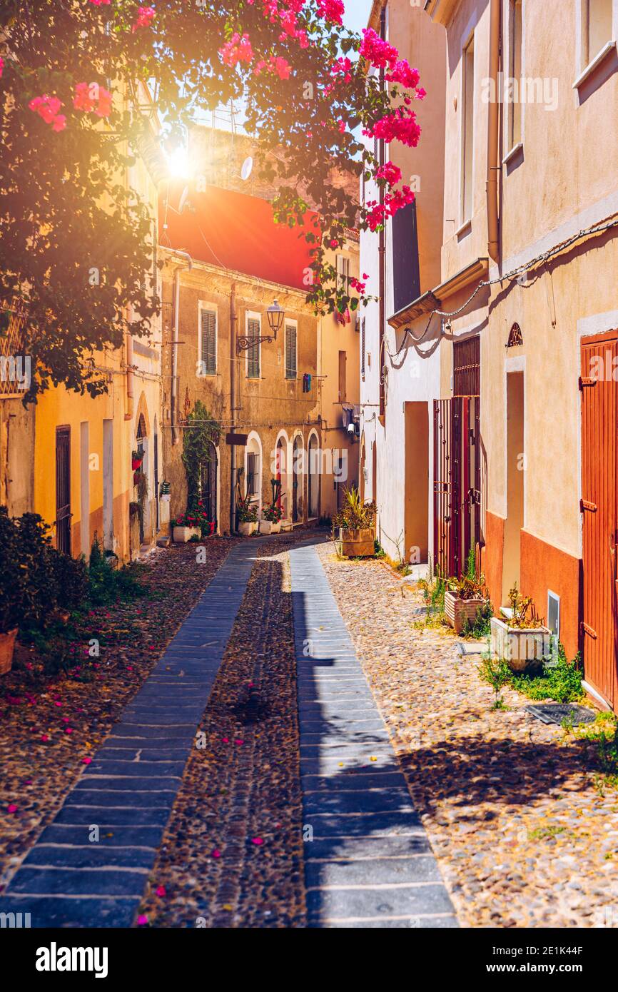 Alghero old town, Alghero street view on a beautiful day. Alghero ...