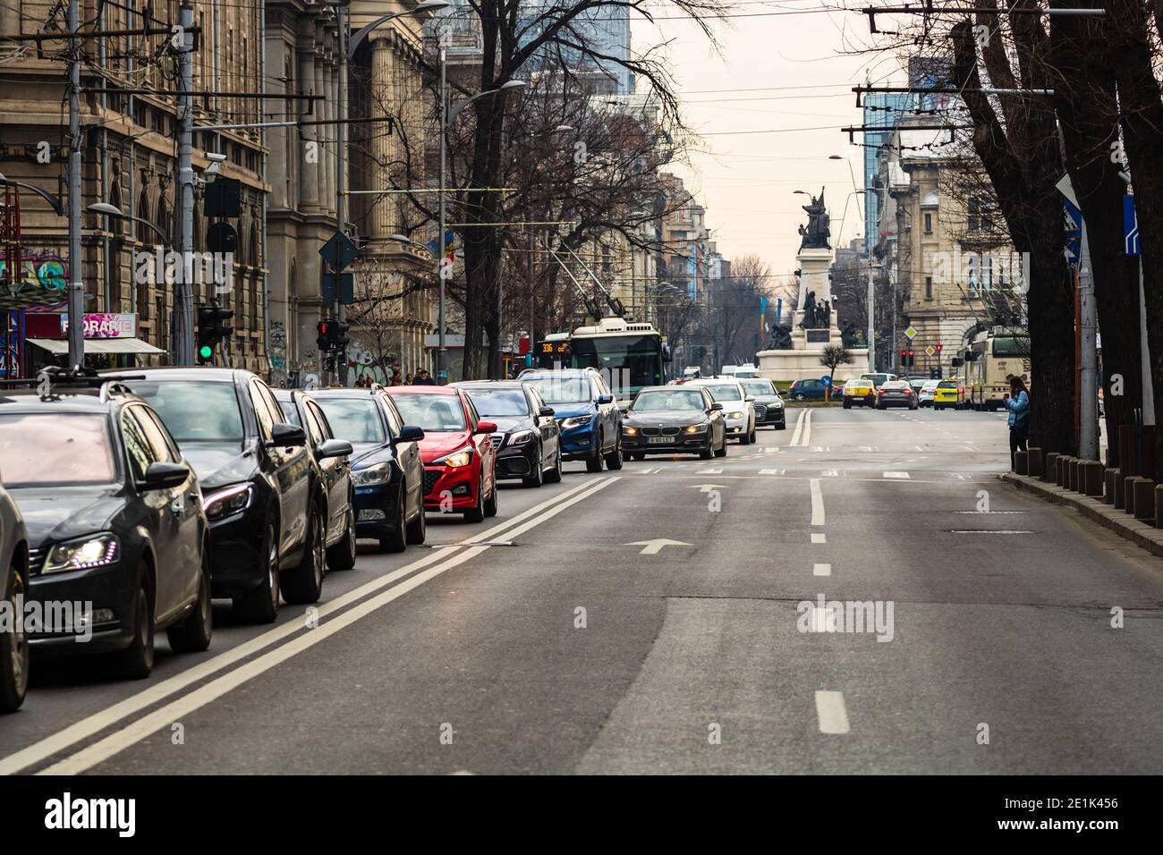 Car traffic at rush hour in downtown area of the city. Car pollution ...