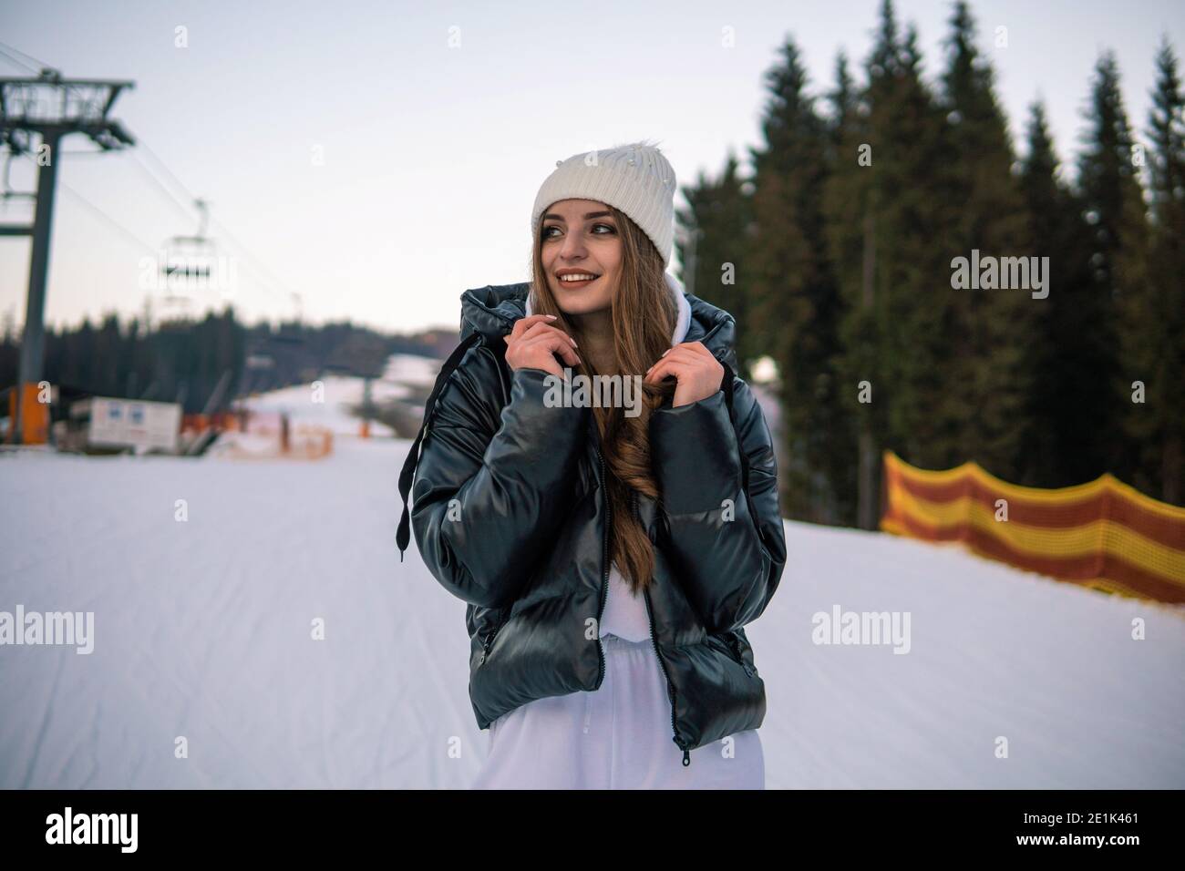 Portrait of Beautiful Cheerful Caucasian Girl On Ski Resort at Winter ...