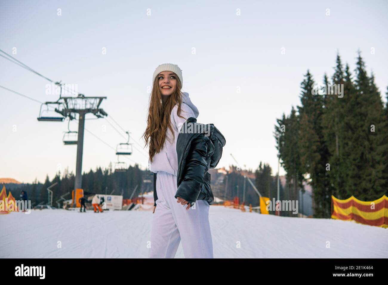 Portrait of Beautiful Cheerful Caucasian Girl On Ski Resort at Winter ...