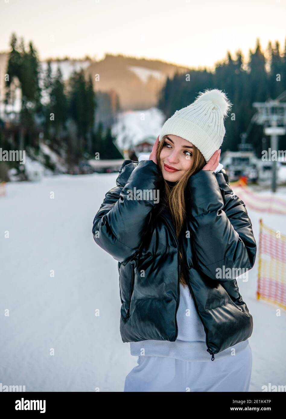 Portrait of Beautiful Cheerful Caucasian Girl On Ski Resort at Winter ...