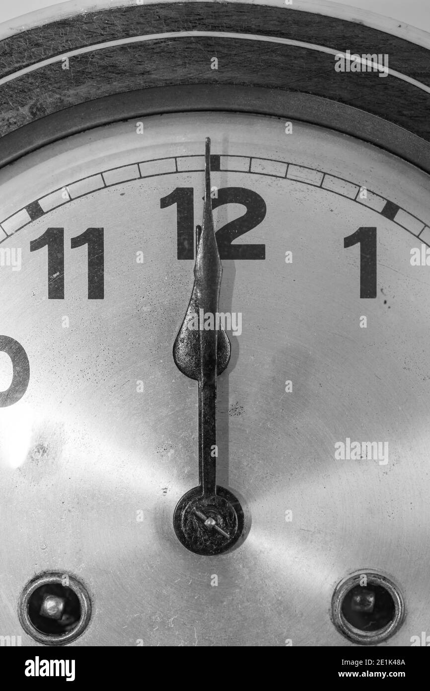 Black and white photo of an antique clock showing 12 oclock Stock Photo ...