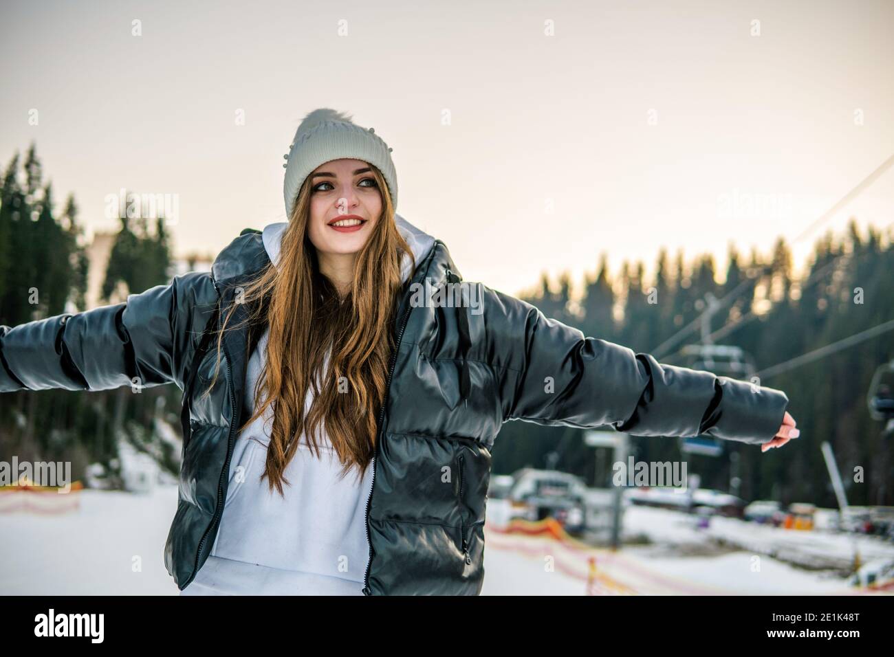 Portrait of Beautiful Cheerful Caucasian Girl On Ski Resort at Winter ...
